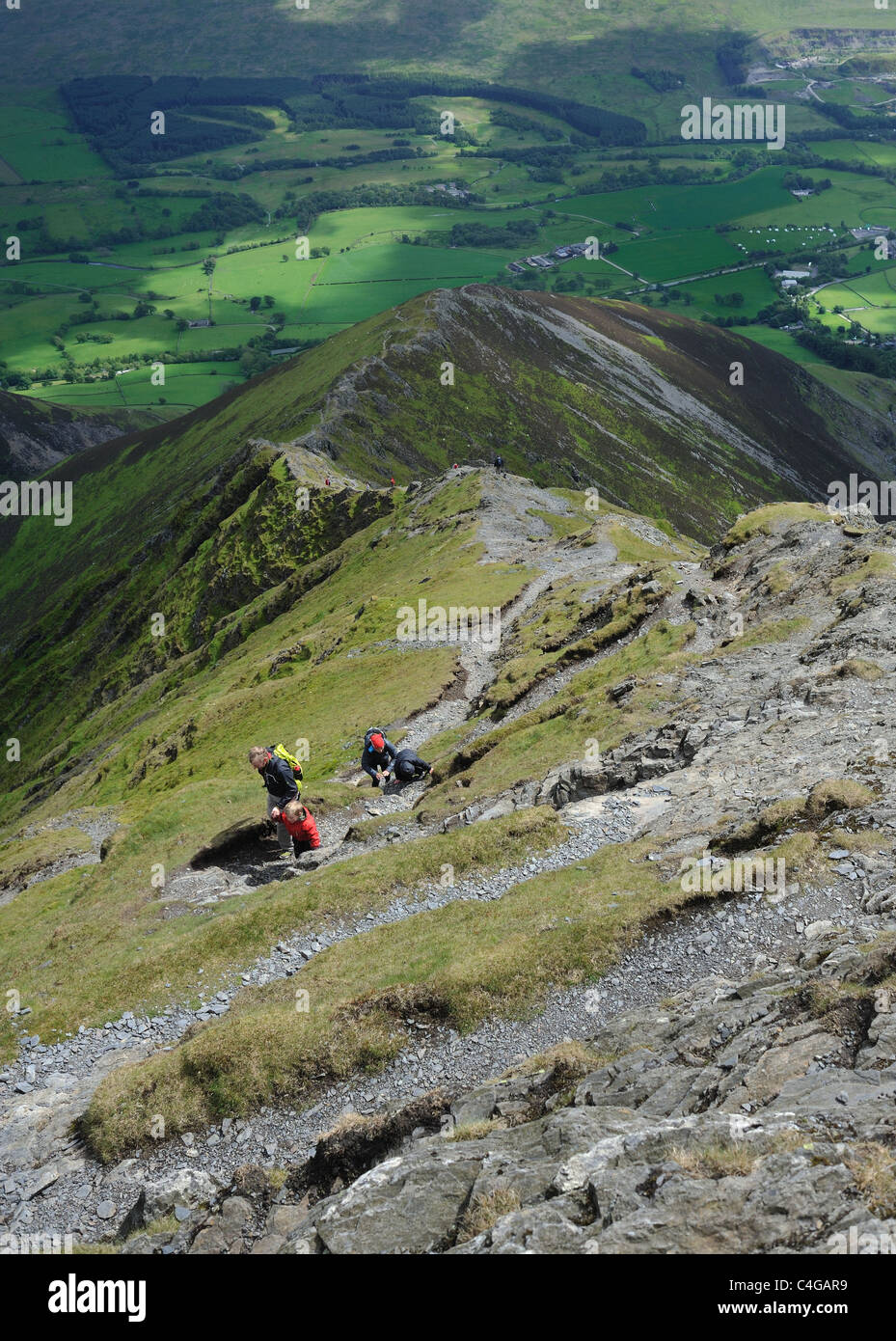 A family ascends Halls Fell Ridge on Blencathra in the Lake District ...