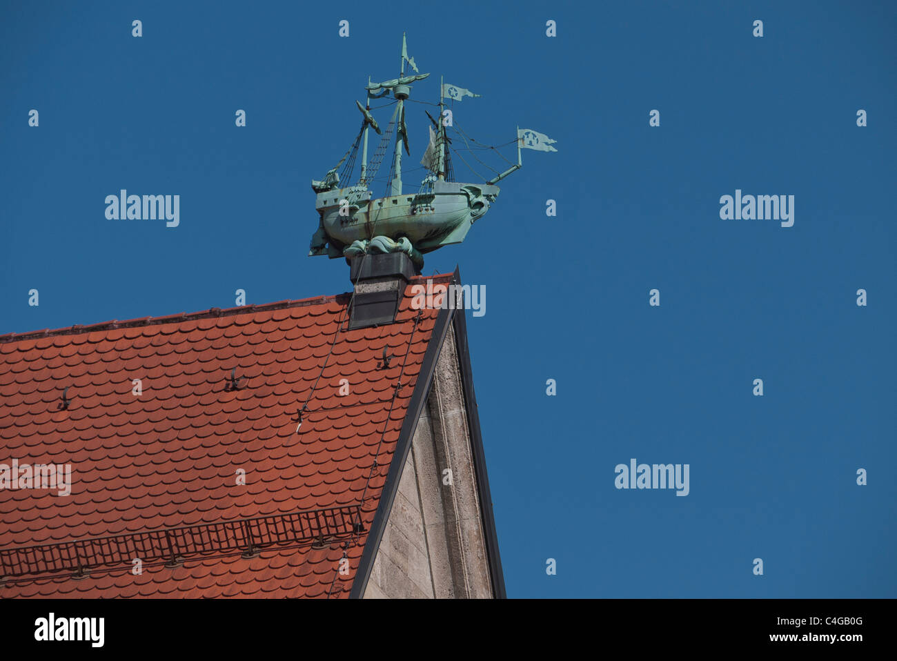 Old copper weathervane in the form of a three masted sailing ship of ...