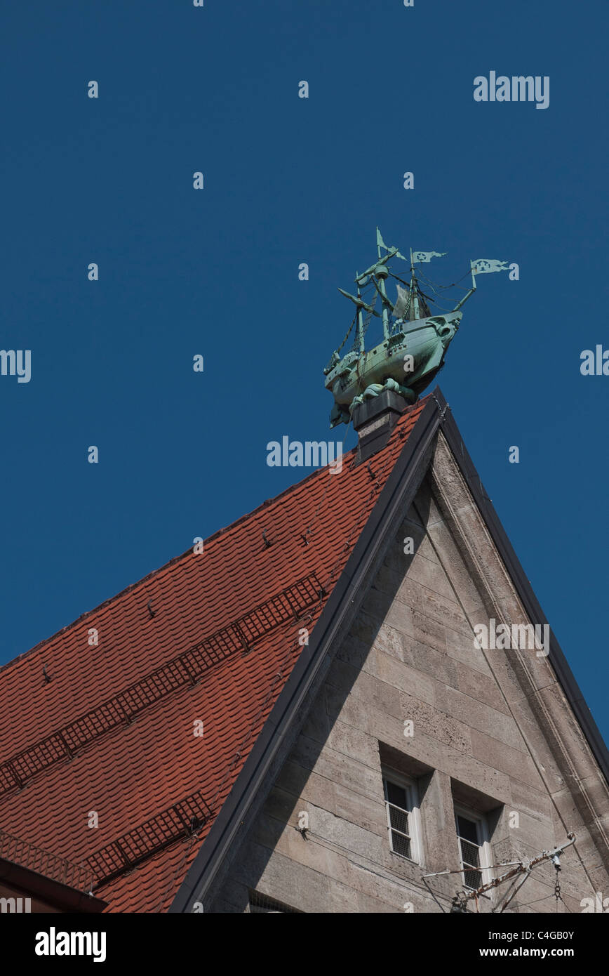 Old copper weathervane in the form of a three masted sailing ship of ...