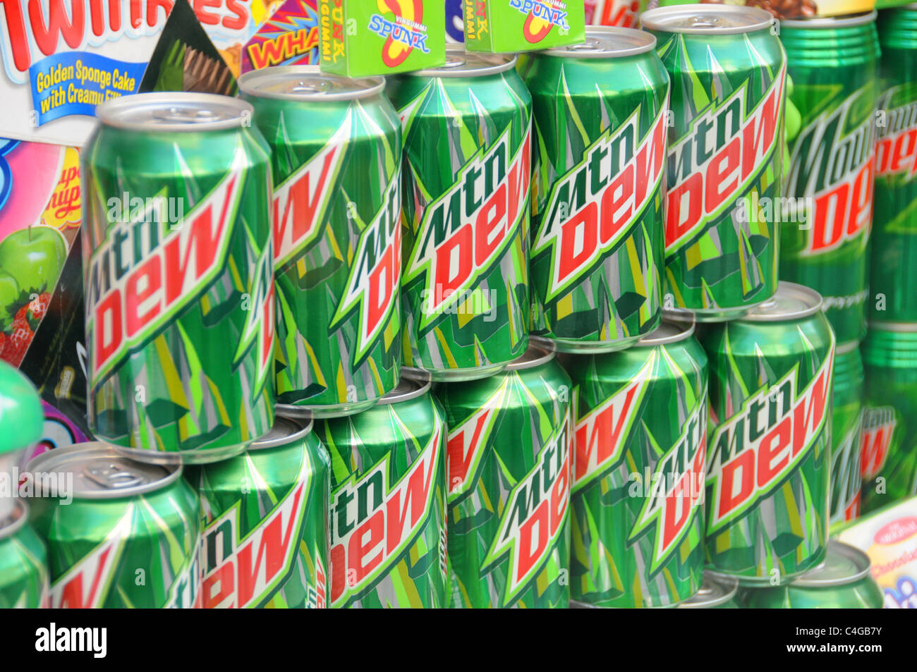 Mountain Dew Mtn Dew soft drink cans shop window Stock Photo - Alamy
