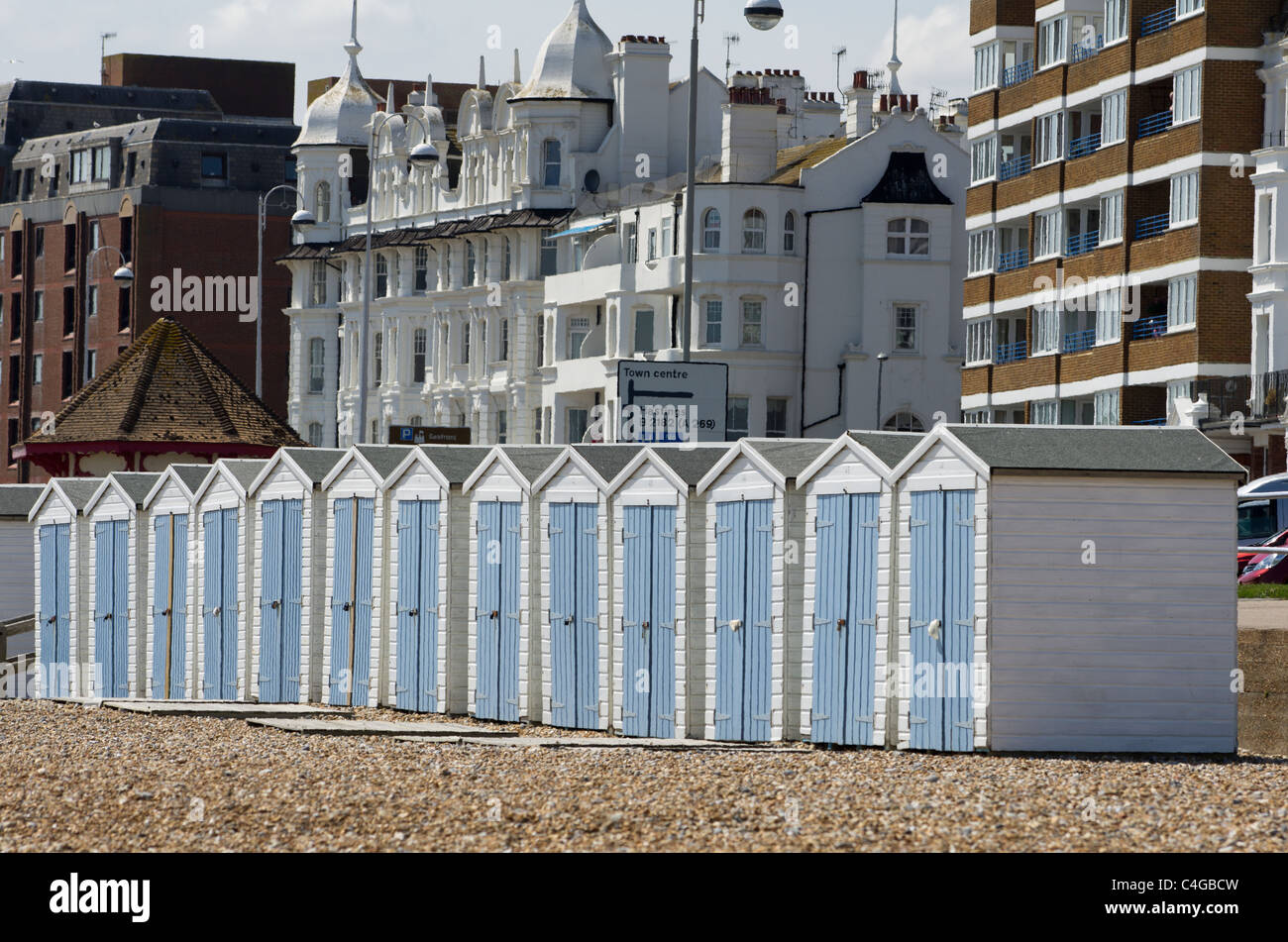 Beach huts on South Cliff promenade on the seafront in Bexhill, Sussex ...