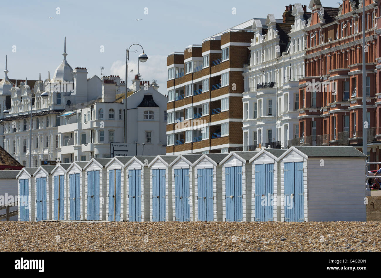 Beach huts on South Cliff promenade on the seafront in Bexhill, Sussex ...