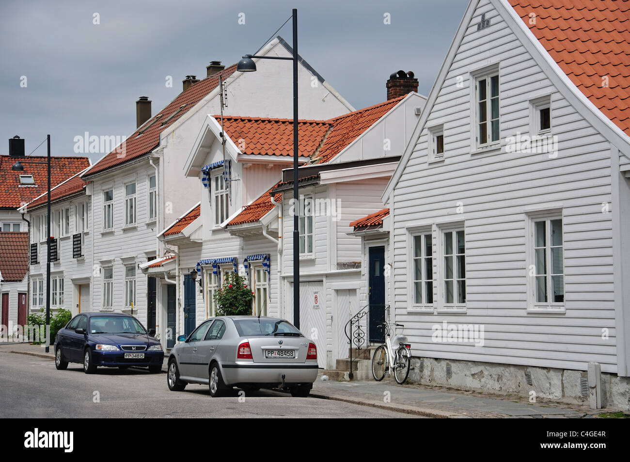 Old wooden buildings in Old Town District (Posebyen), Kristiansand ...