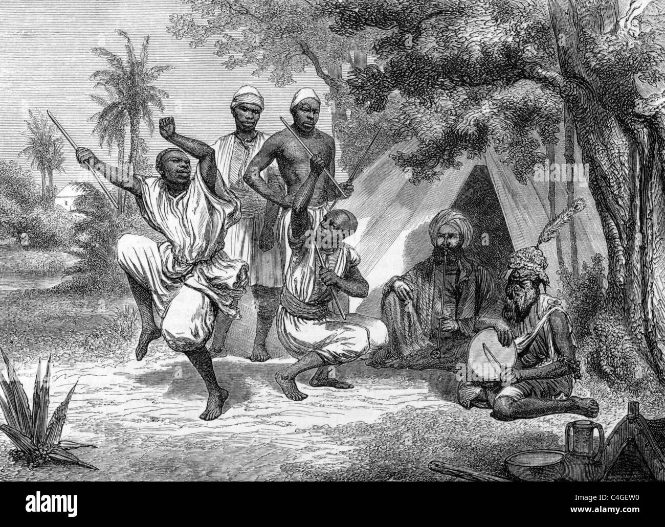 Negro dance in Tripoli, Libya on engraving from 1871 Stock Photo - Alamy