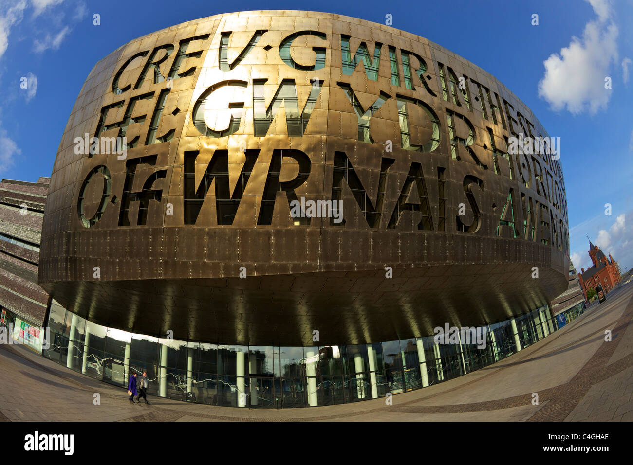 Exterior of Wales Millennium Centre Cardiff Bay, with poetry of Gwyneth ...