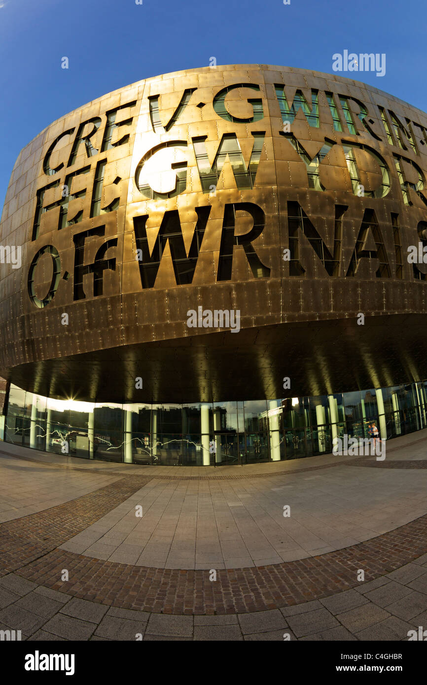 Exterior of Wales Millennium Centre Cardiff Bay, with poetry of Gwyneth ...