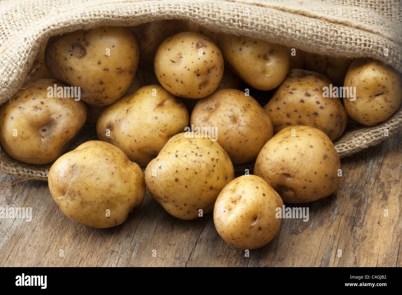 Potato (Solanum tuberosum La Bonnotte). Tubers in a sack Stock Photo ...