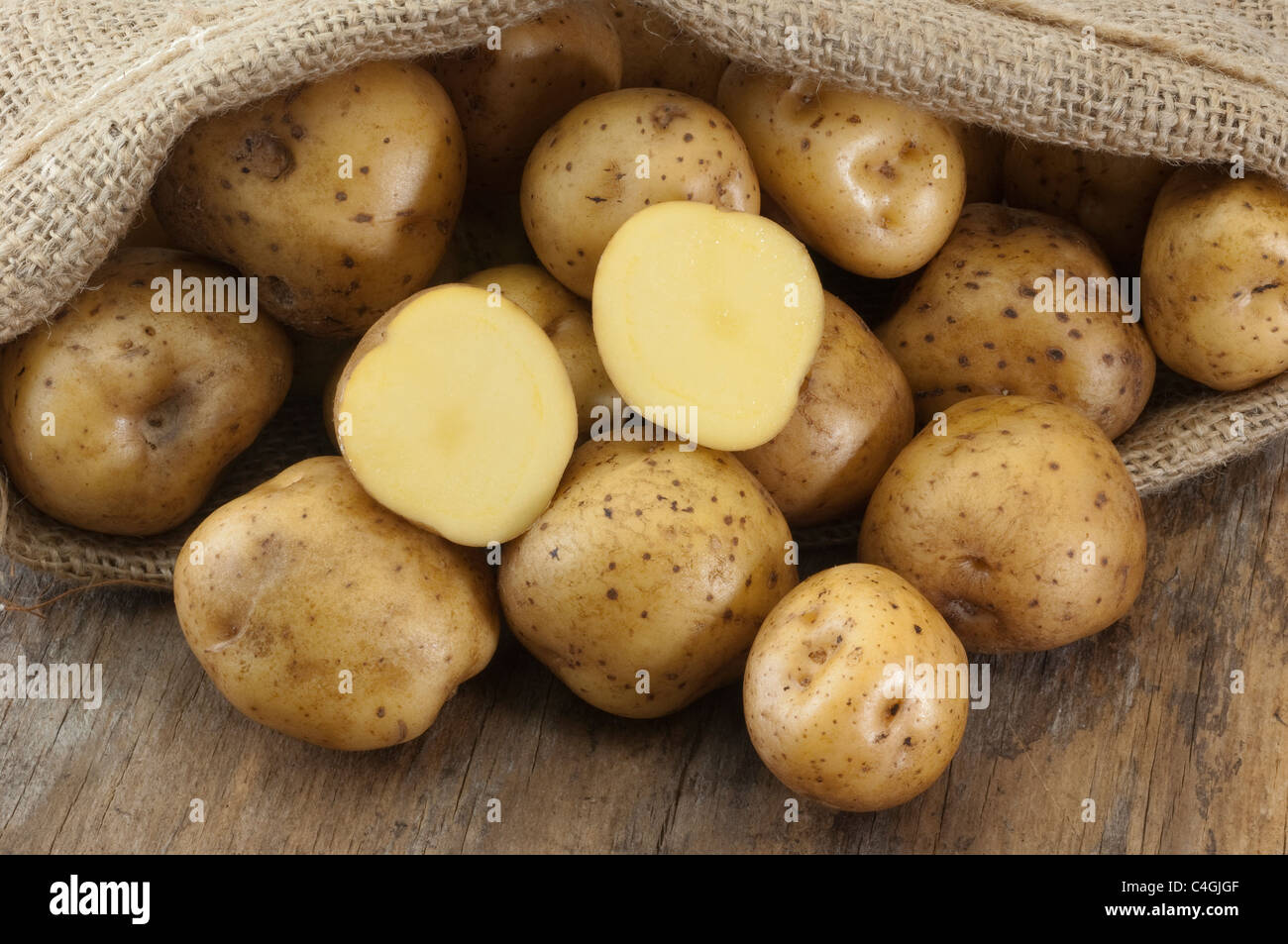 Potato (Solanum tuberosum La Bonnotte). Tubers in a sack Stock Photo ...