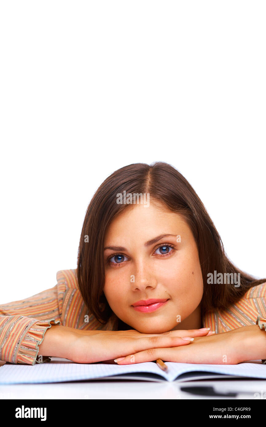 Close-up of a female student against white background Stock Photo - Alamy
