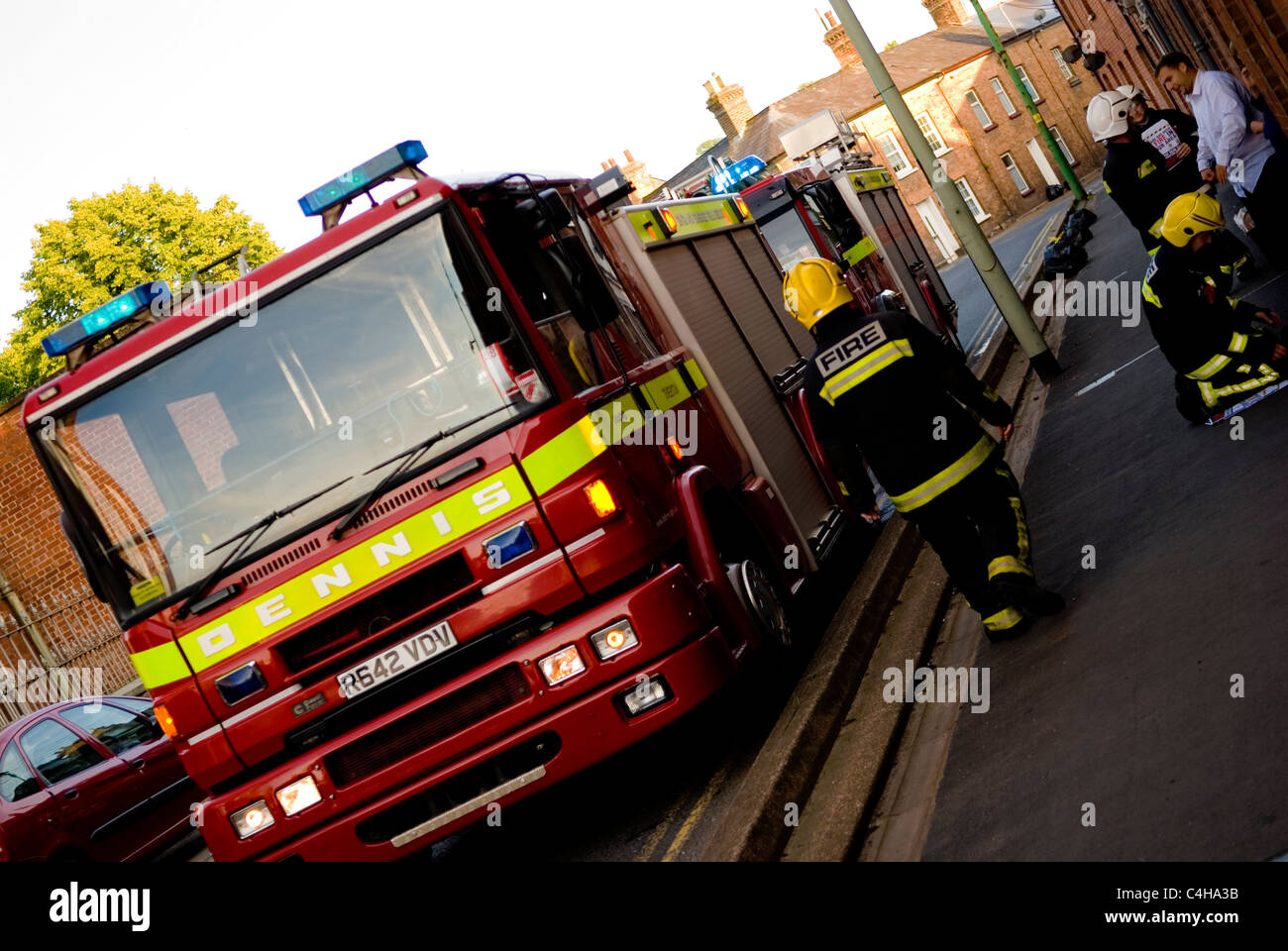 The fire-brigade attending a situation in Devon, England UK Stock Photo ...