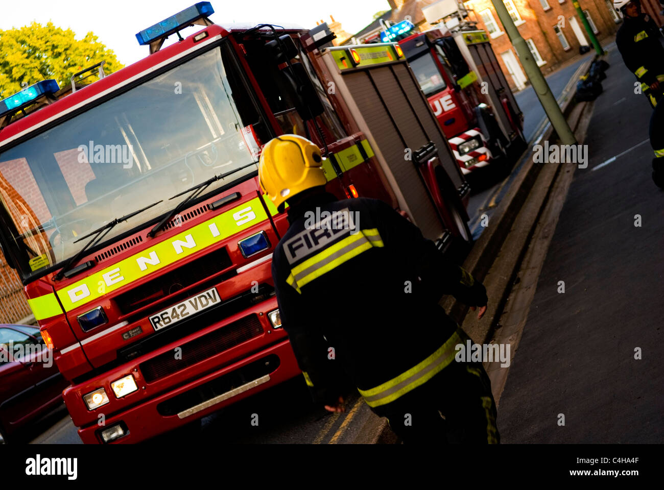 The fire-brigade attending a situation in Devon, England UK Stock Photo ...