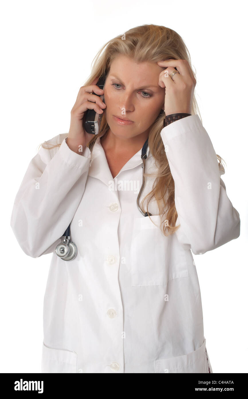 Doctor woman concerned phone call Stock Photo - Alamy