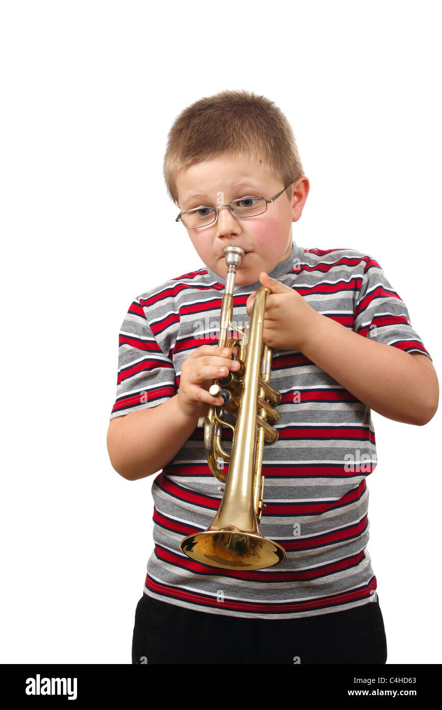 Boy Blowing Trumpet photo on the white background Stock Photo - Alamy