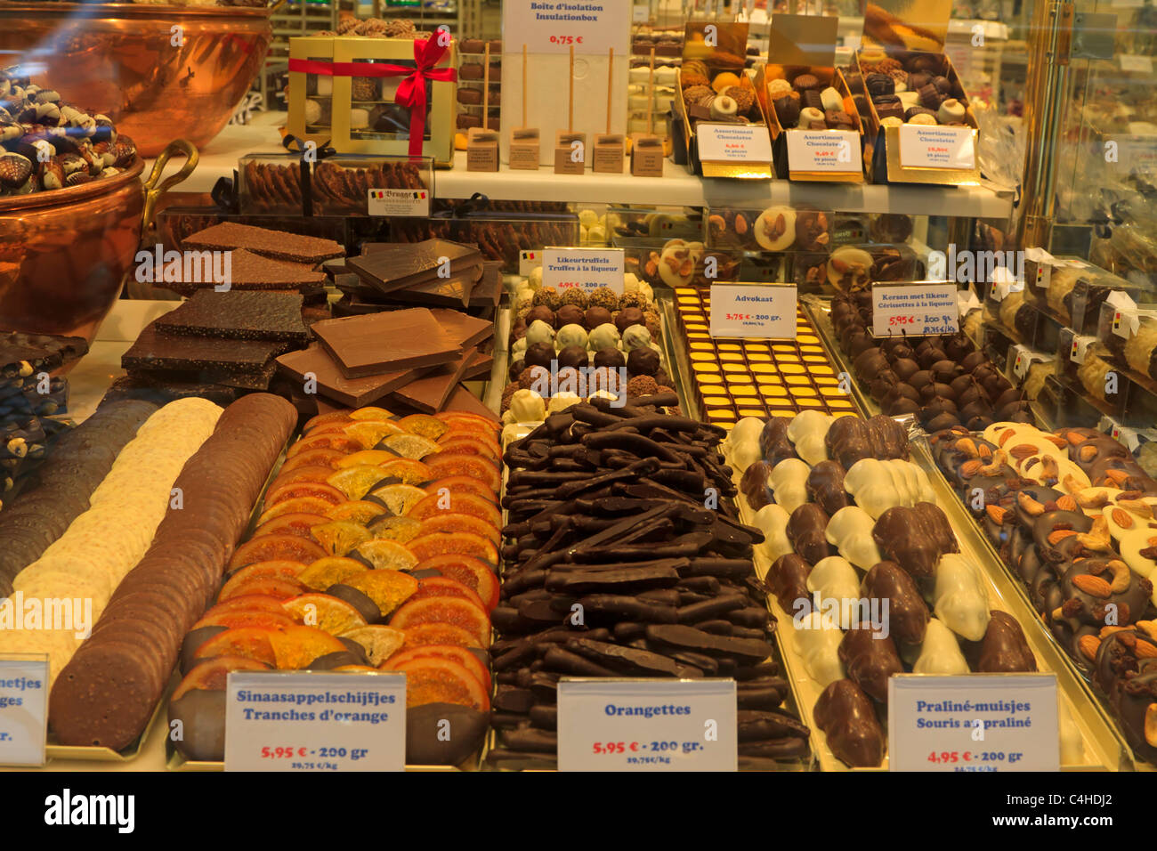 Display of chocolates in a window in Bruges, Belgium. Belgium is famous ...