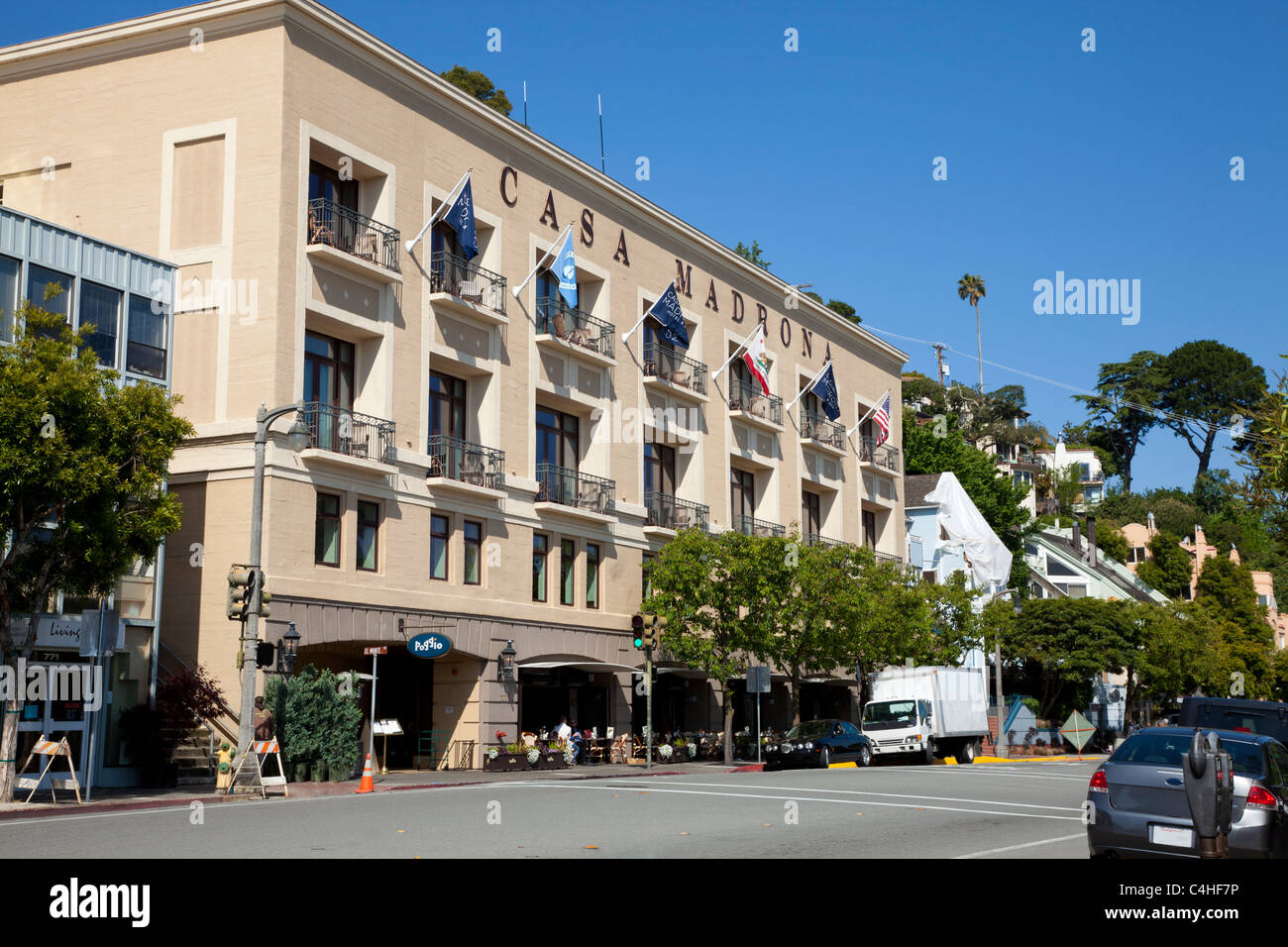 Popular tourist hotel Casa Madrona and restaurant on main street in ...