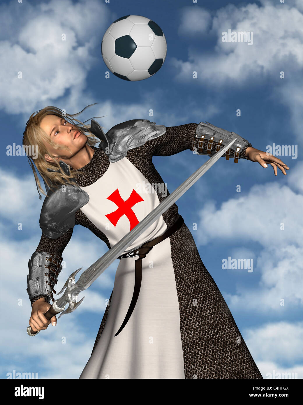 Saint George heading a football with blue sky background Stock Photo ...