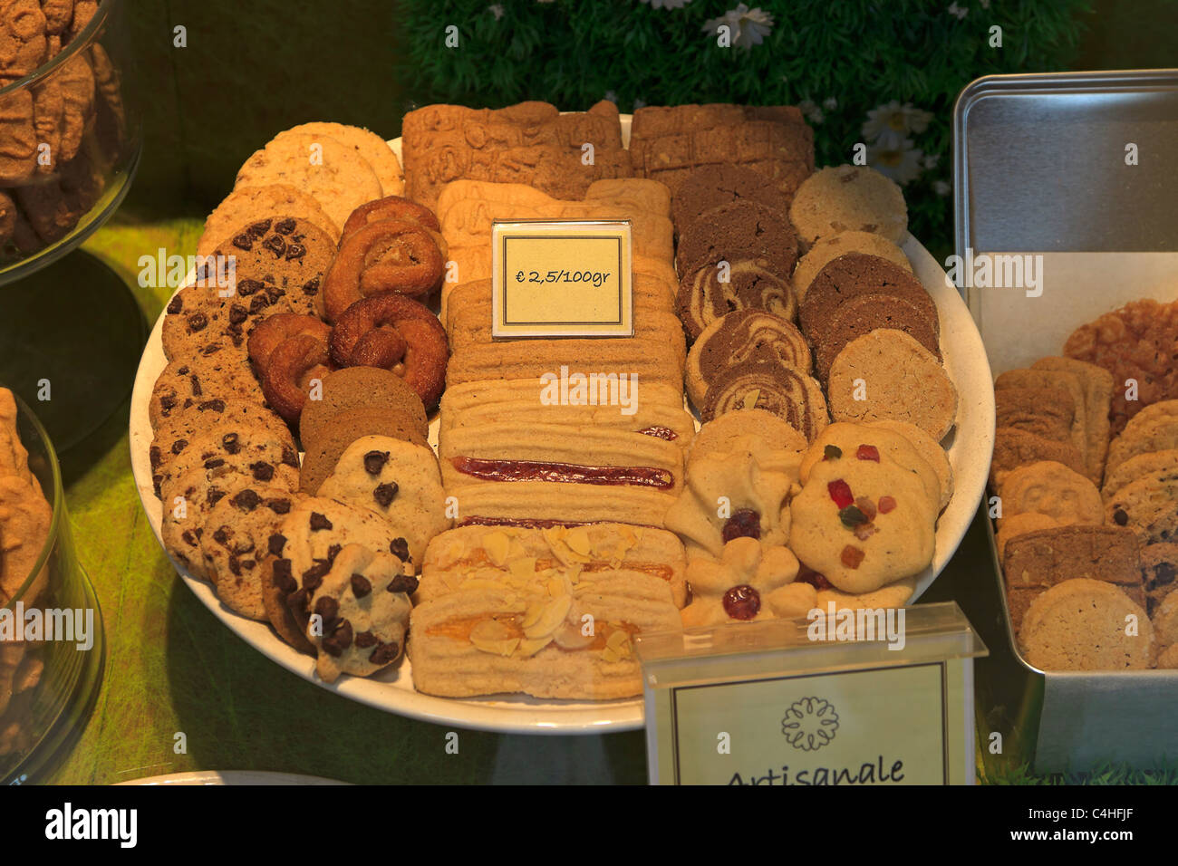 Plate of shortbread biscuits in a window in Bruges, Belgium Stock Photo ...