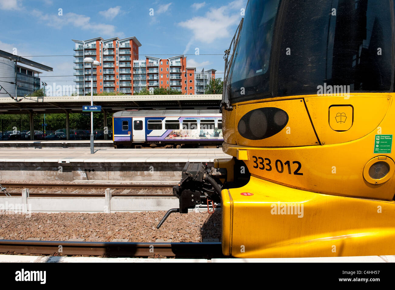 Close up of the front of a class 333 train in Northern Rail livery at ...