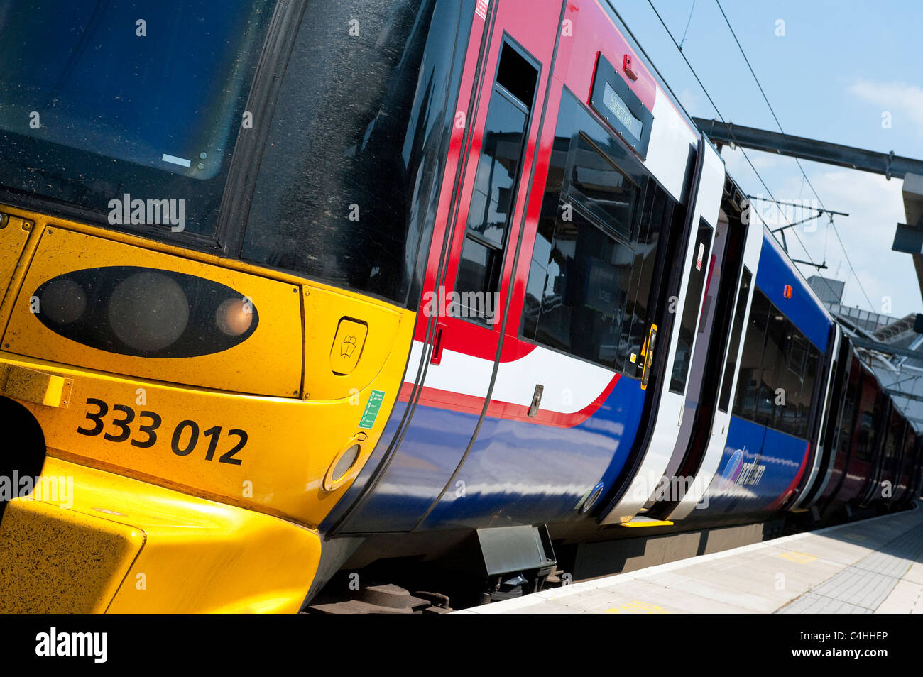 Close up of the front of a class 333 train in Northern Rail livery at ...