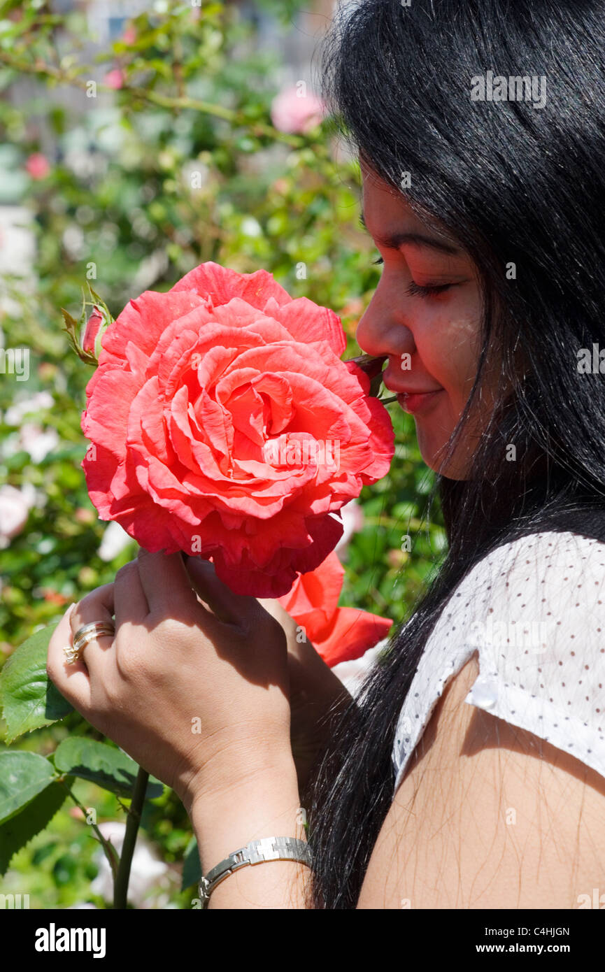young woman smelling bright pink rose Stock Photo - Alamy