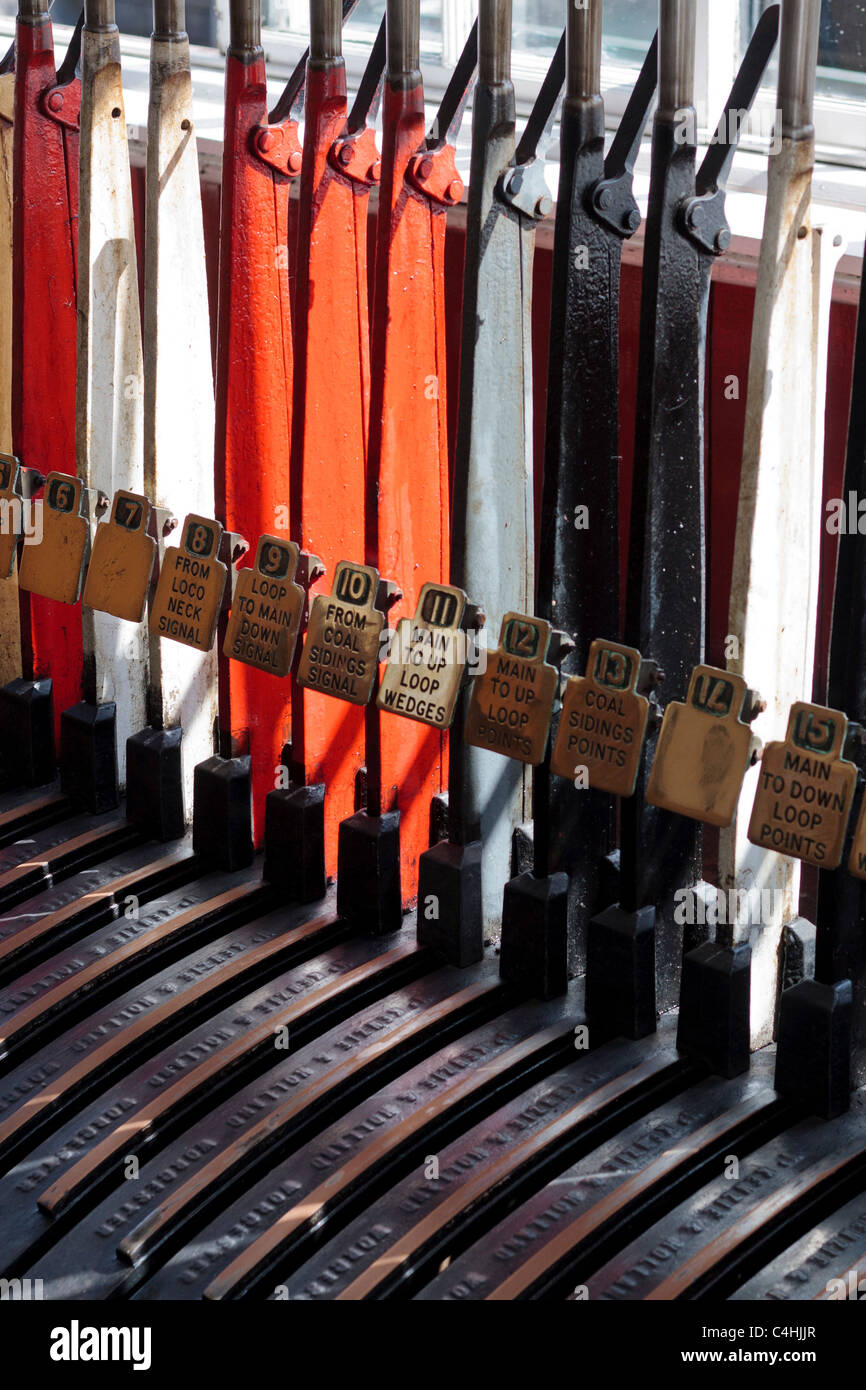 Signal levers in a rail signal box at Beamish museum, durham, England ...