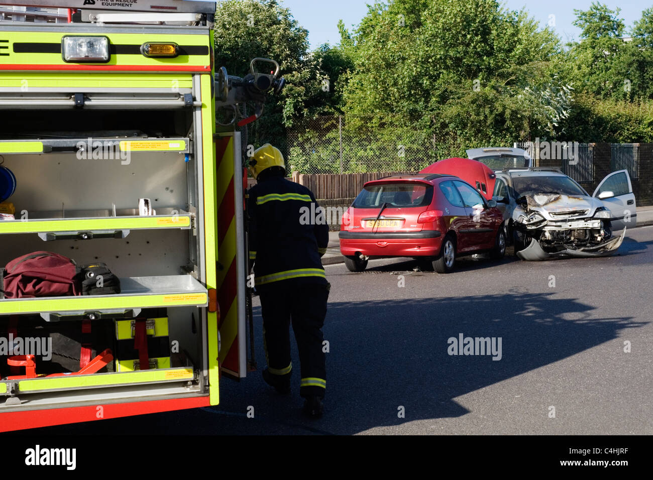 emergency services at the scene of a road traffic accident Stock Photo ...