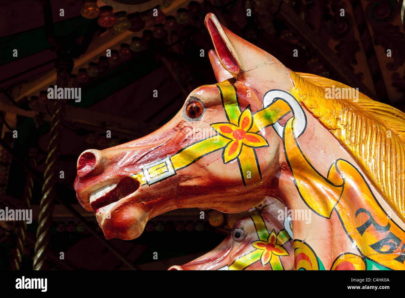 Fairground horse on a carousal close up of head, beamish museum durham ...