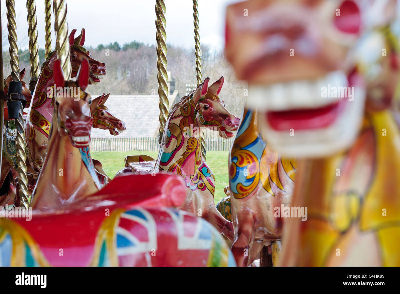 Fairground horses on a carousal close up of head, beamish museum durham ...