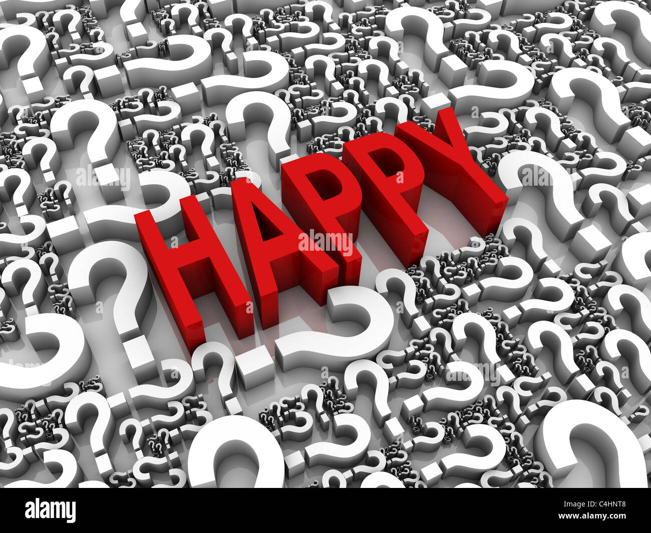 "HAPPY" 3D text surrounded by question marks. Part of a series Stock ...