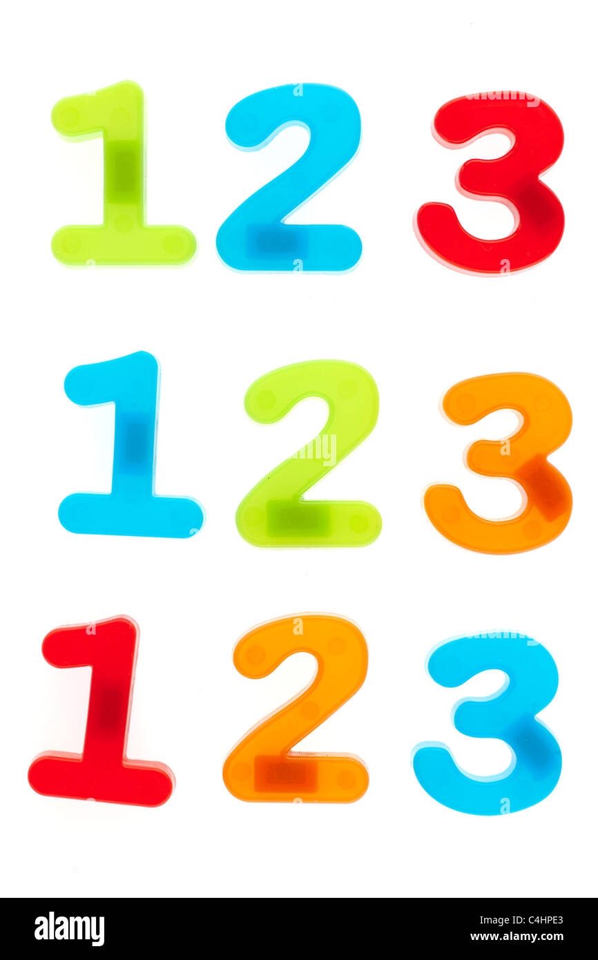 Three times one two three spelled out in plastic fridge magnets Stock ...