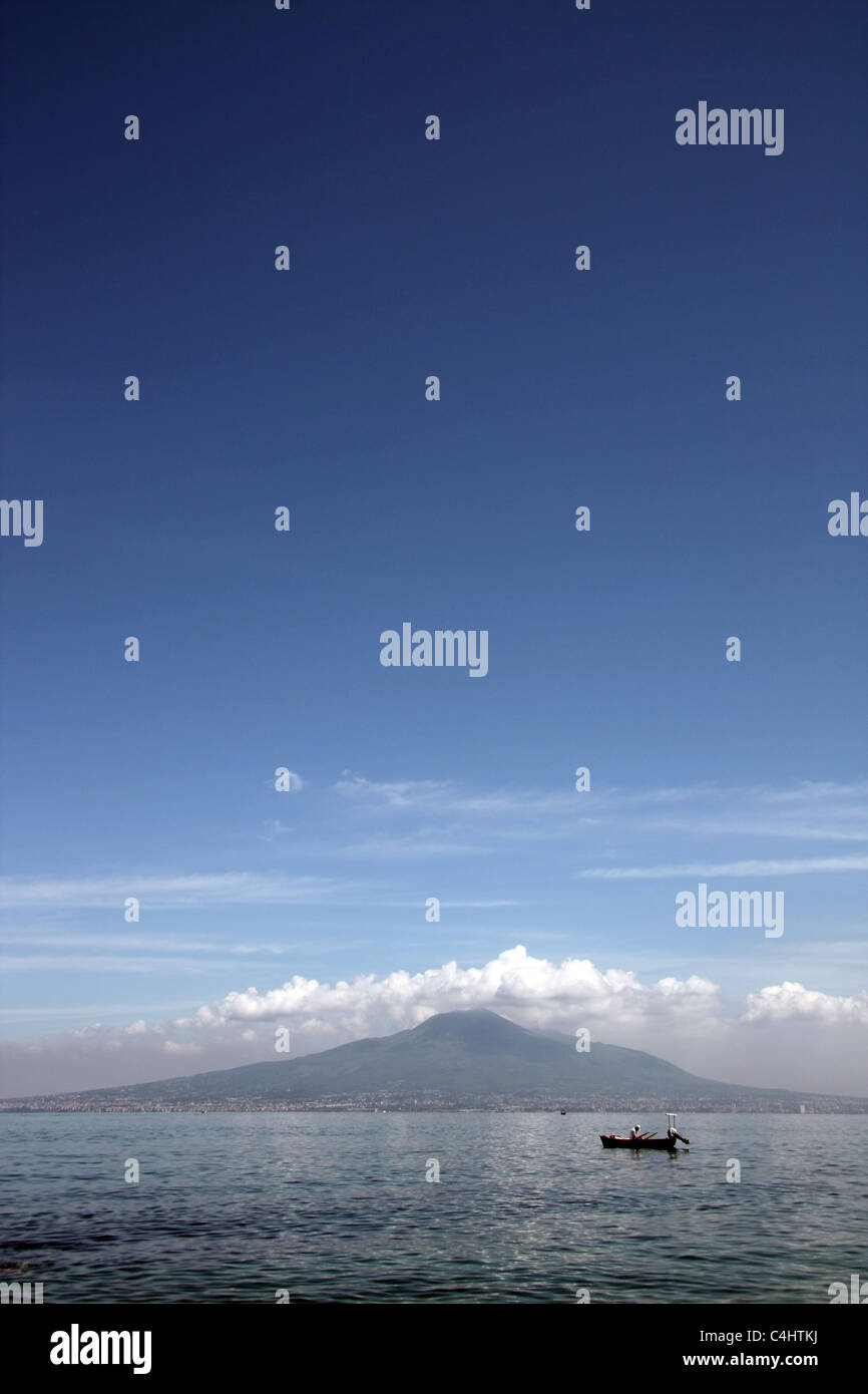 view across Bay of Naples to Mount Vesuvius volcano from Sieano beach ...