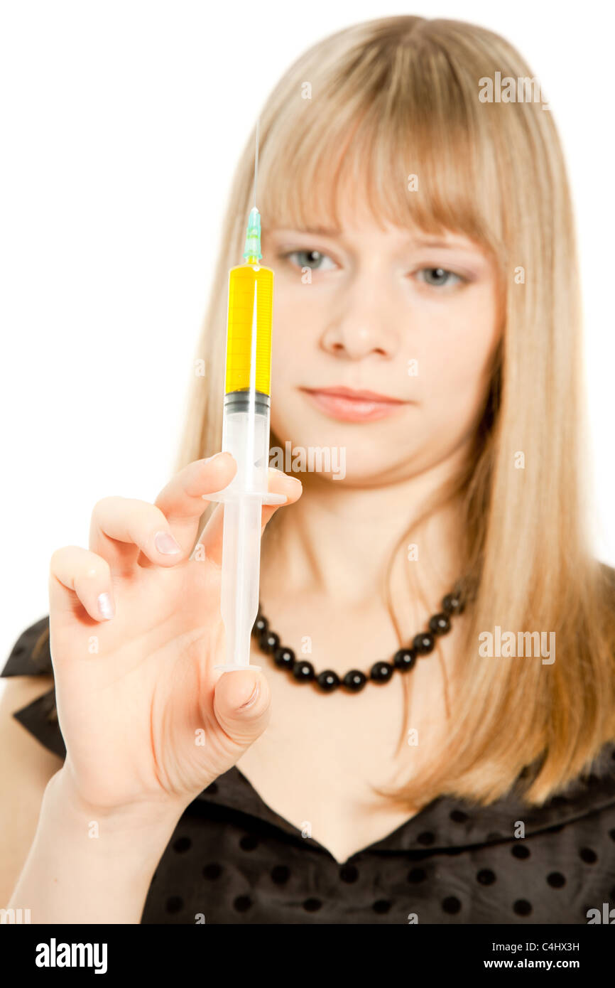 Young scientist with syringe isolated (focus on syringe Stock Photo - Alamy