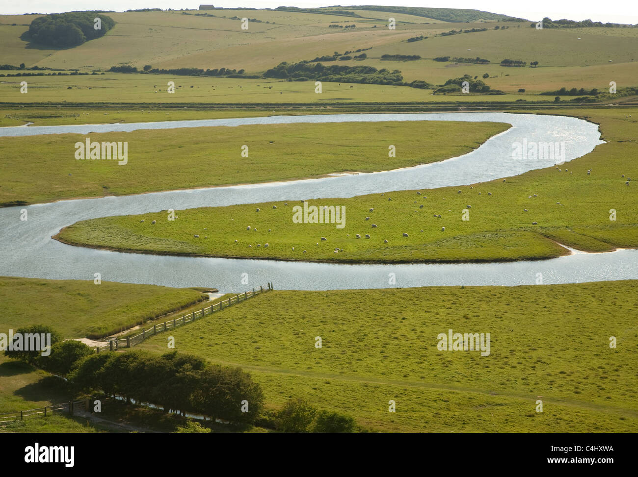 Large looping meanders on the River Cuckmere, East Sussex, England ...