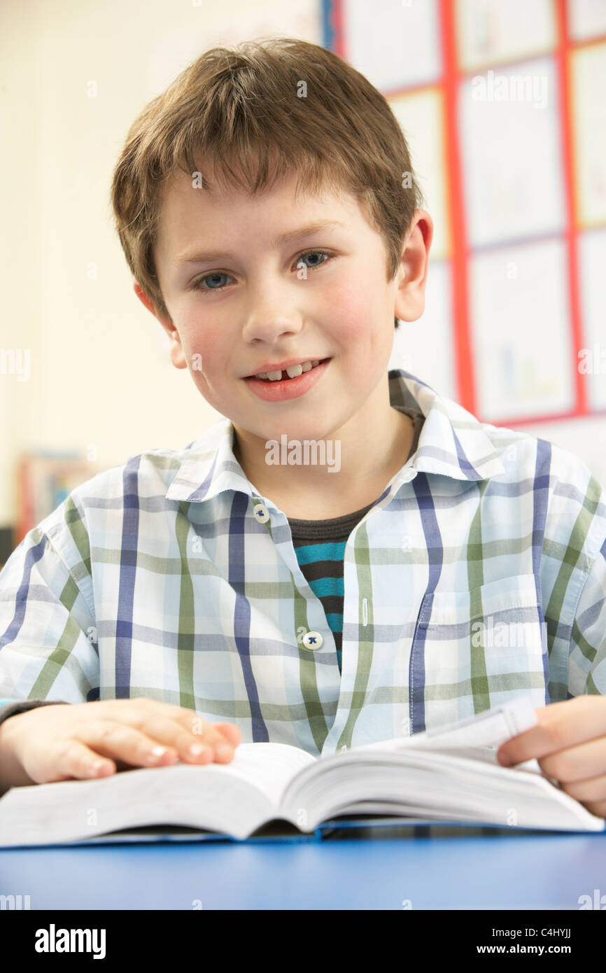 Schoolboy Studying Textbook In Classroom Stock Photo - Alamy