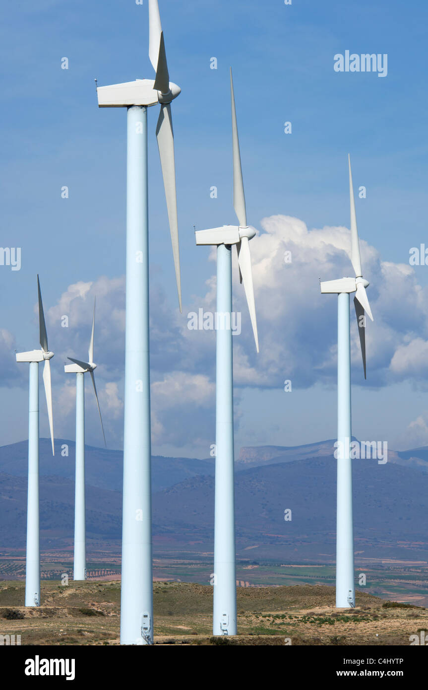 blue windmills group in a mountainous area Stock Photo - Alamy