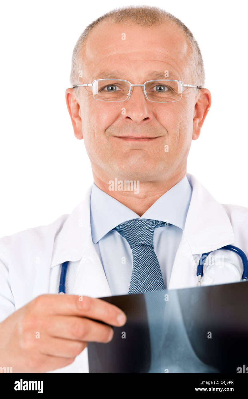 Hospital professional doctor with stethoscope hold x-ray look at camera ...