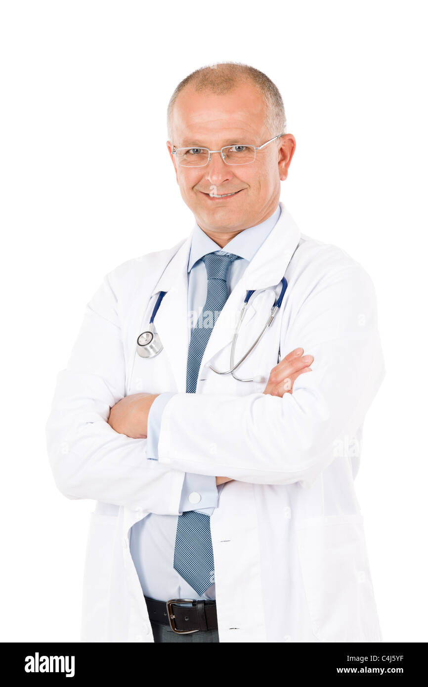 Portrait of hospital professional doctor male with stethoscope isolated ...