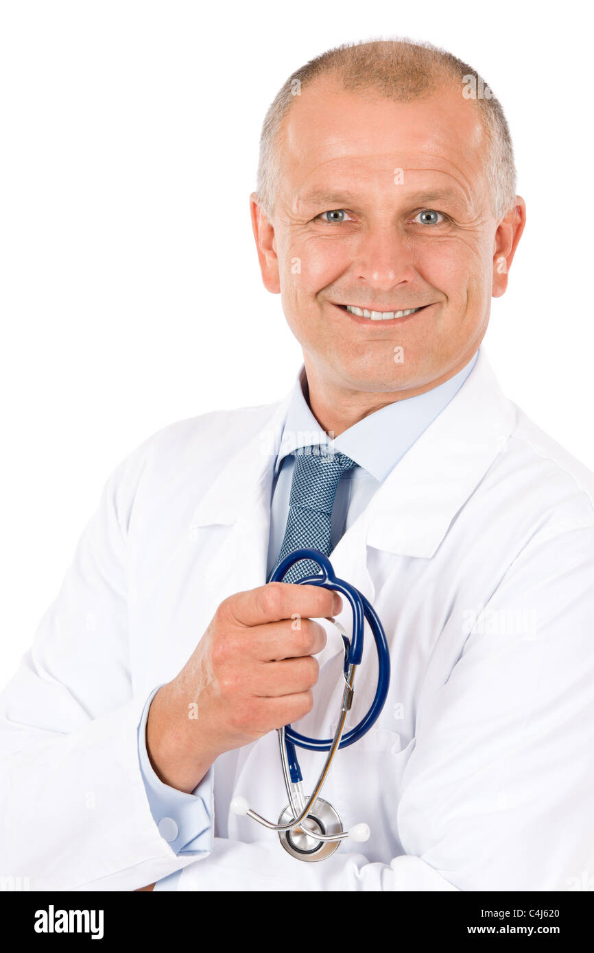 Portrait of hospital professional doctor male with stethoscope isolated ...