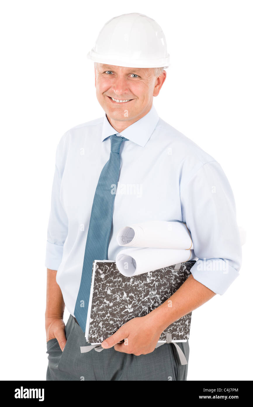 Professional senior architect male with protective helmet and ...