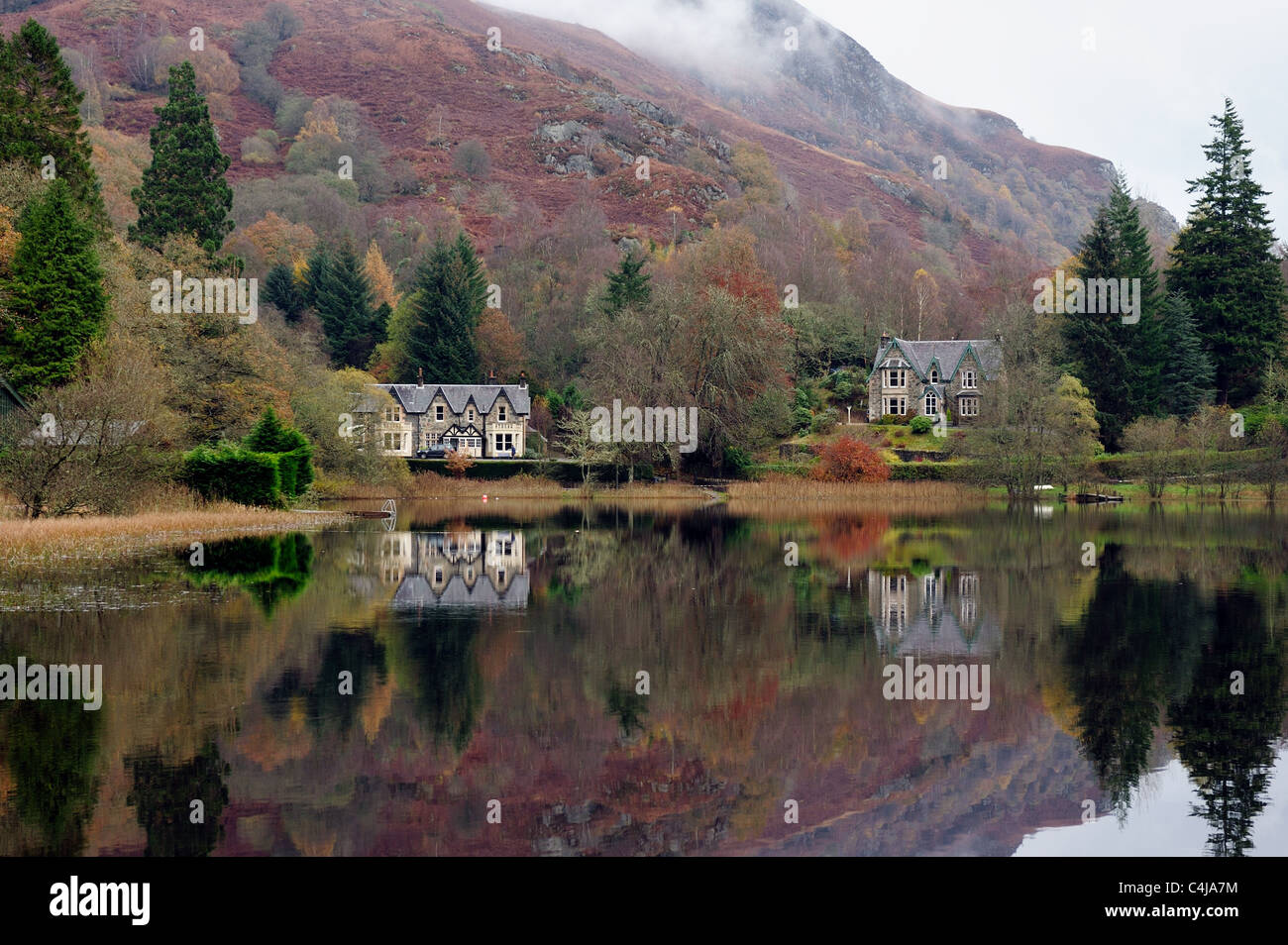 Autumn landscape reflected in Loch Ard Stock Photo - Alamy