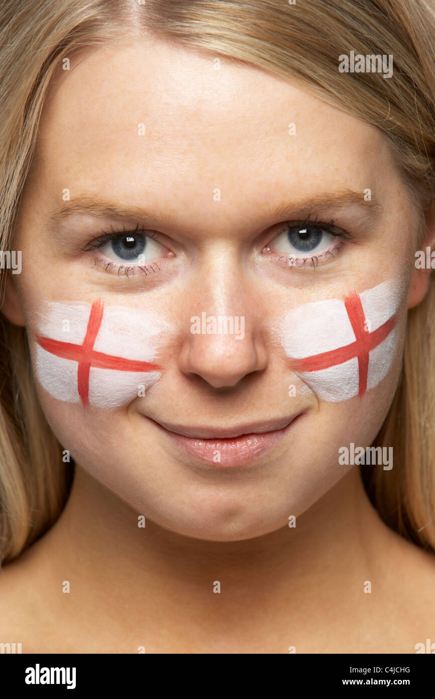 Young Female Sports Fan With St Georges Flag Painted On Face Stock ...