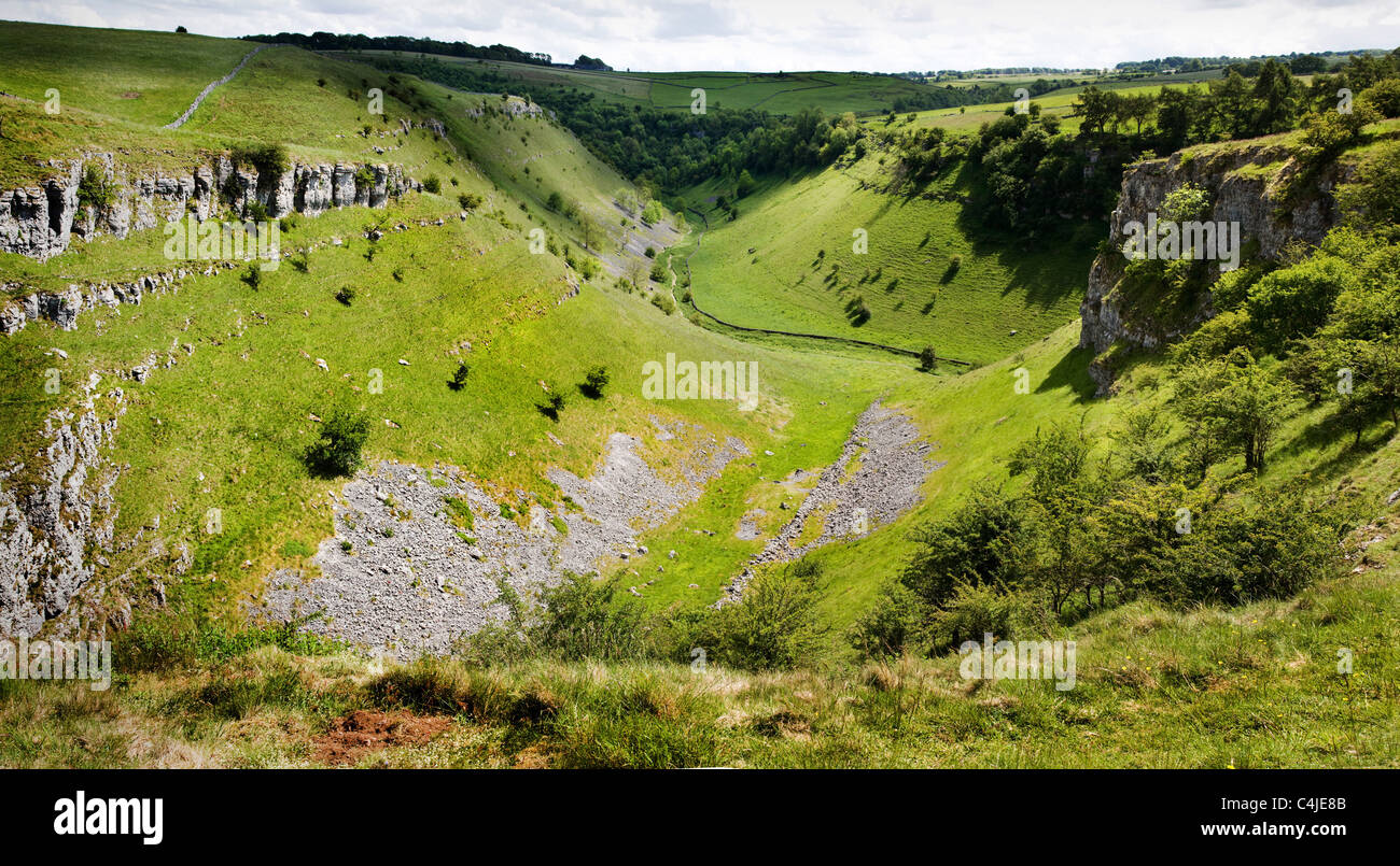 Dry limestone valley in Lathkill Dale in the Derbyshire Peak District ...