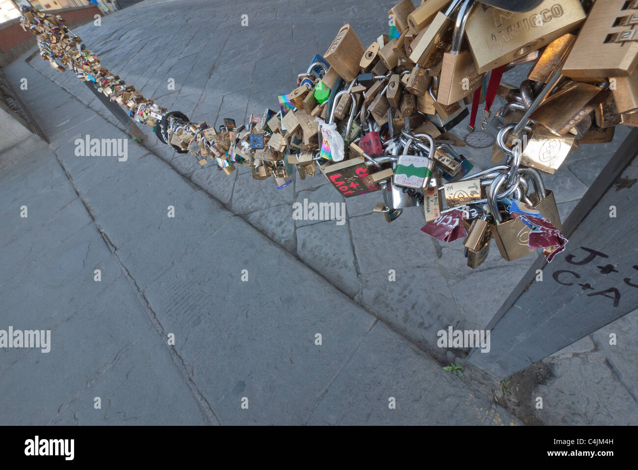 A chain full of padlocks, known as "love locks" placed by lovers ...