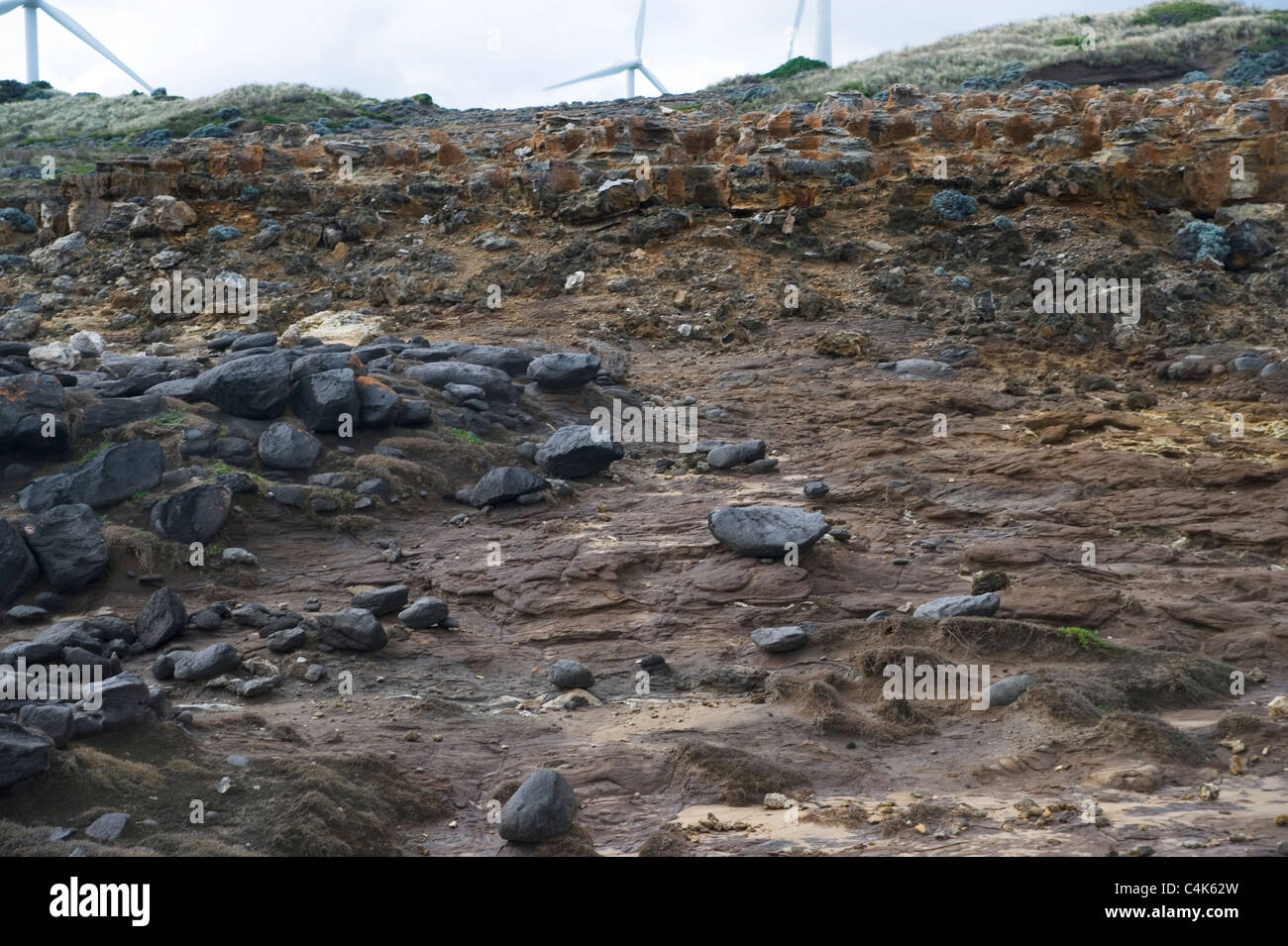 volcanic intrusion limestone rock over ancient basalt lava flow Stock ...