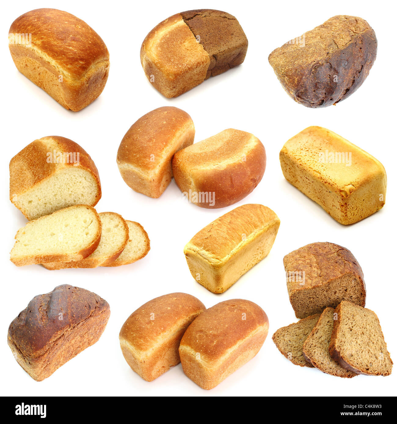 Assortment of different types of bread isolated on white background ...