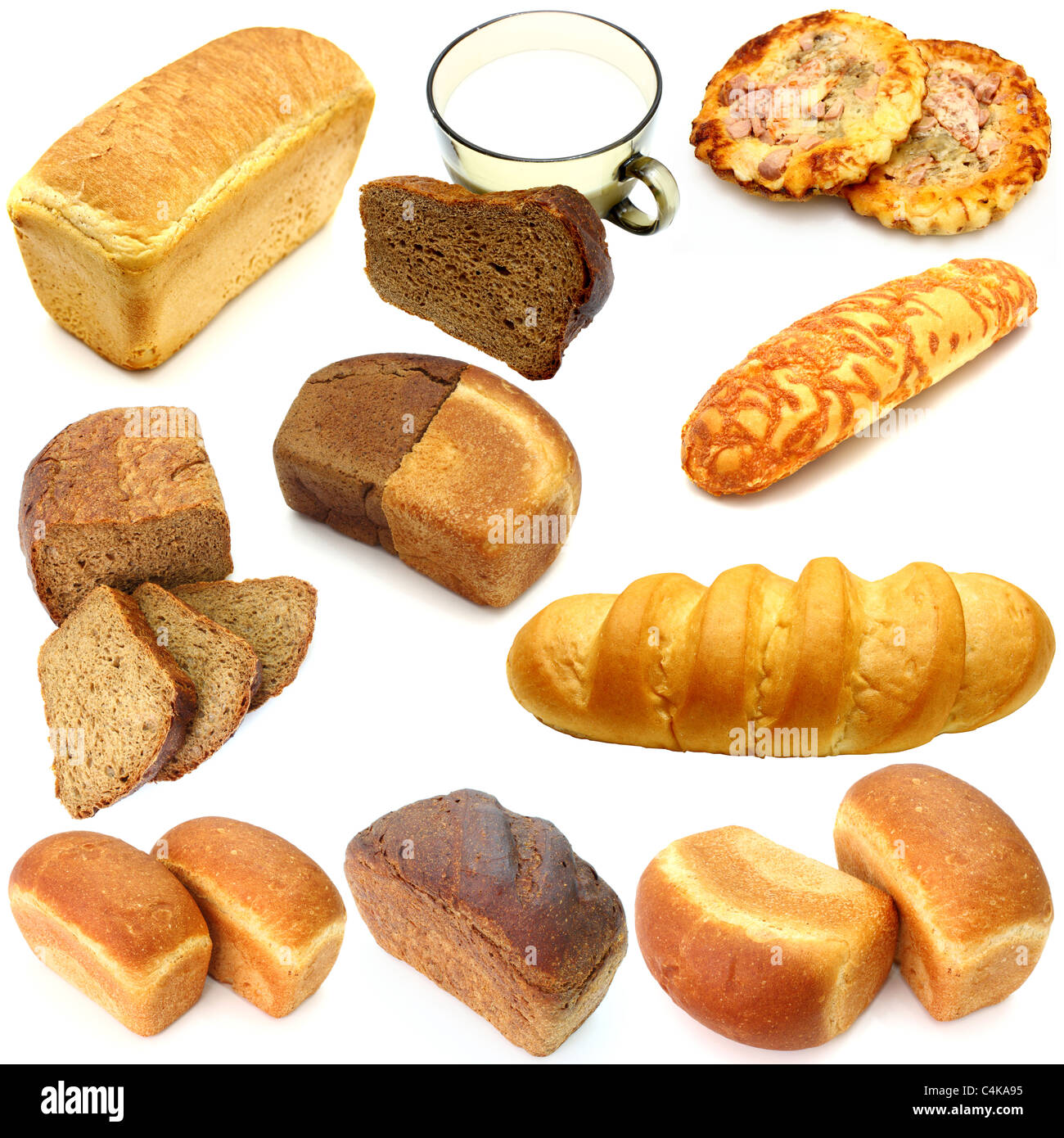 Assortment of different types of bread isolated on white background ...