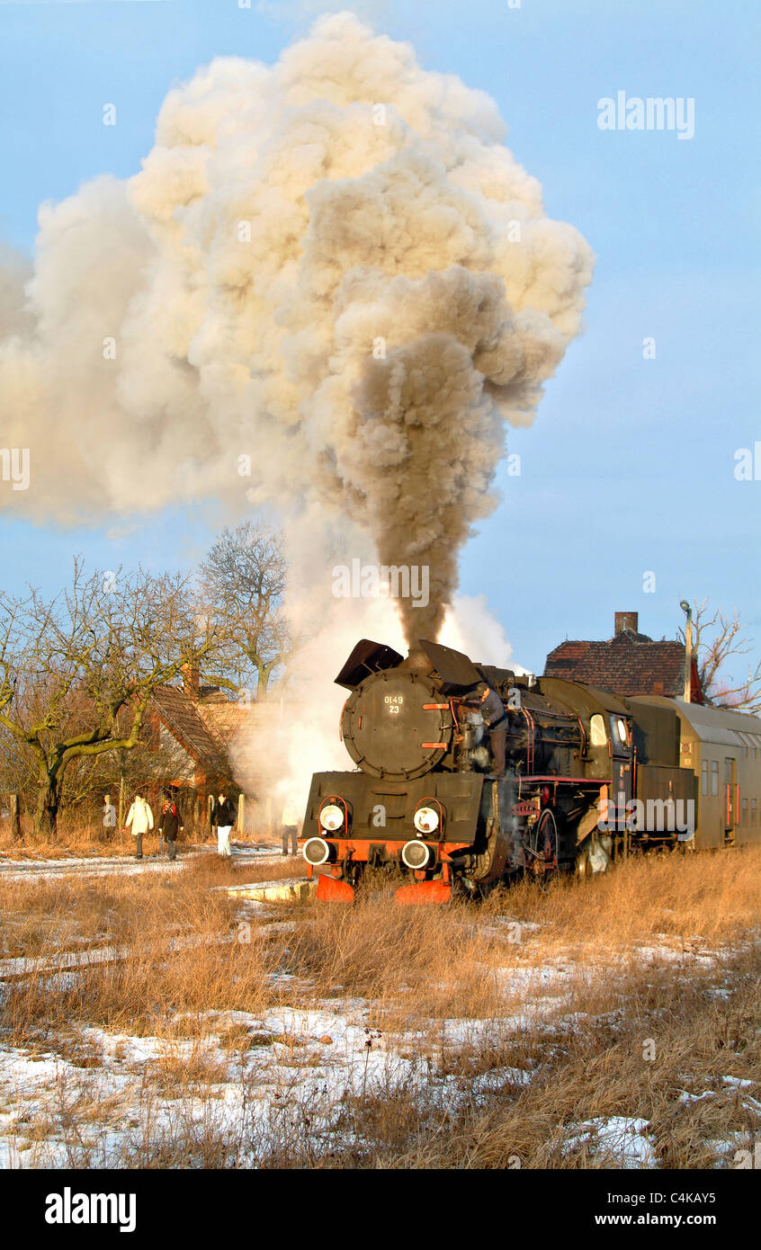 Portrait image of a Polish steam loco under steam pulling out of rural ...