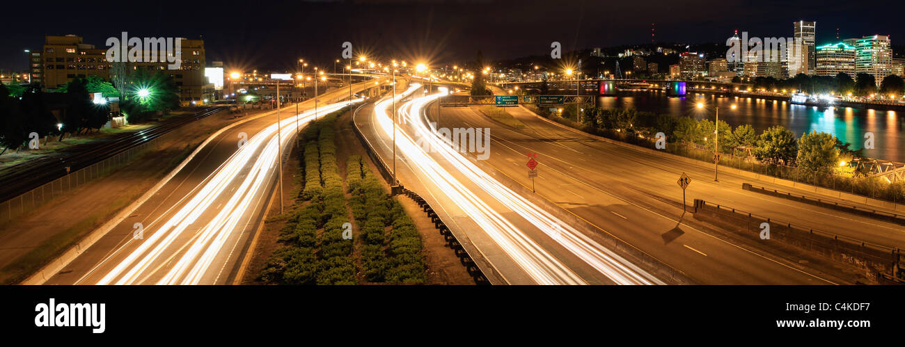 Light Trails and Portland Oregon City Skyline at Night Panorama Stock ...