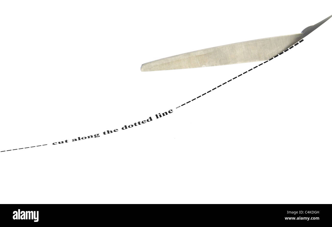 pair of scissors cutting on the dotted line isolated on a white ...