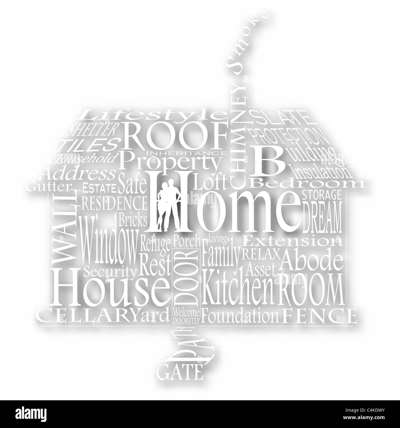 Illustrated cutout of a house made from homely words with background ...